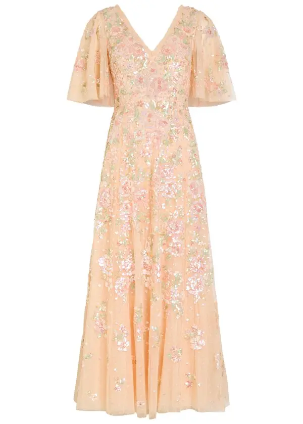 NEEDLE & THREAD Sequin Bouquet Embellished Cape-effect Tulle Gown