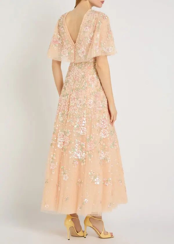 NEEDLE & THREAD Sequin Bouquet Embellished Cape-effect Tulle Gown