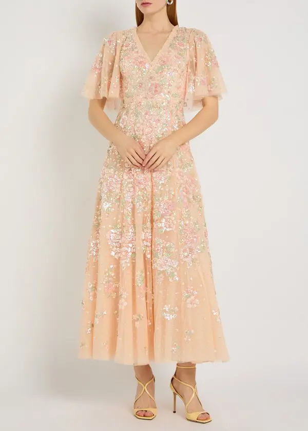 NEEDLE & THREAD Sequin Bouquet Embellished Cape-effect Tulle Gown
