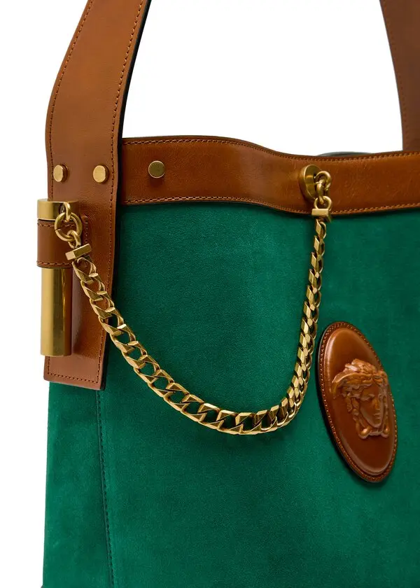 Versace Chain Embellished Leather And Suede Bucket Bag - Green