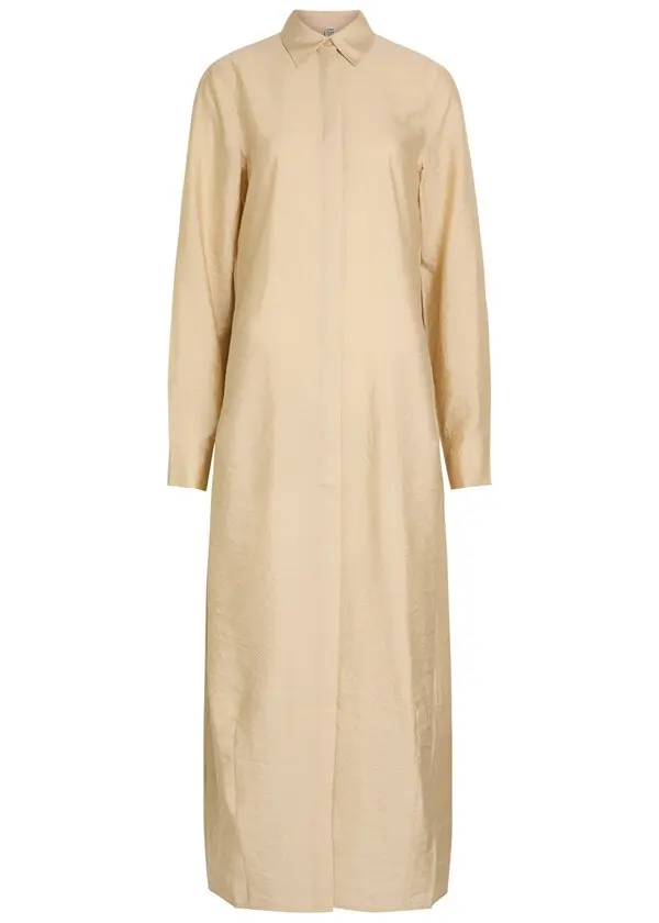 TOTEME Crinkled Silk-blend Maxi Shirt Dress - Stone