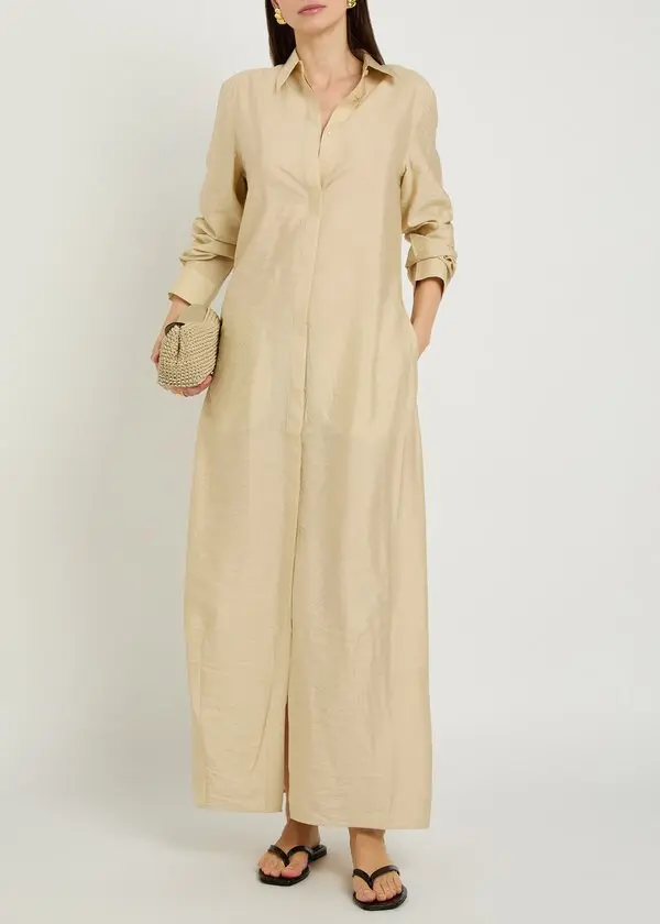 TOTEME Crinkled Silk-blend Maxi Shirt Dress - Stone