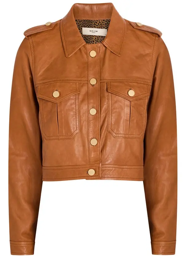 SKIIM Amelie Cropped Leather Jacket - Brown