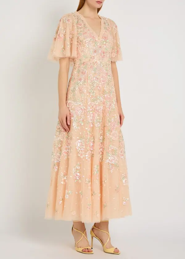 NEEDLE & THREAD Sequin Bouquet Embellished Cape-effect Tulle Gown - Pink