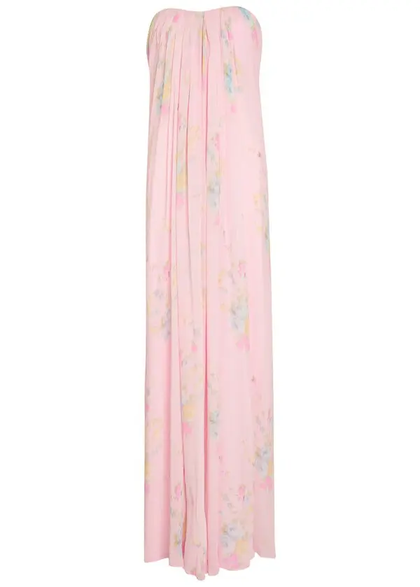 LoveShackFancy Emara Floral Strapless Chiffon Maxi Dress - Pink
