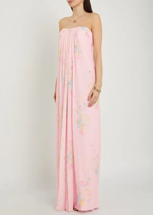 LoveShackFancy Emara Floral Strapless Chiffon Maxi Dress - Pink