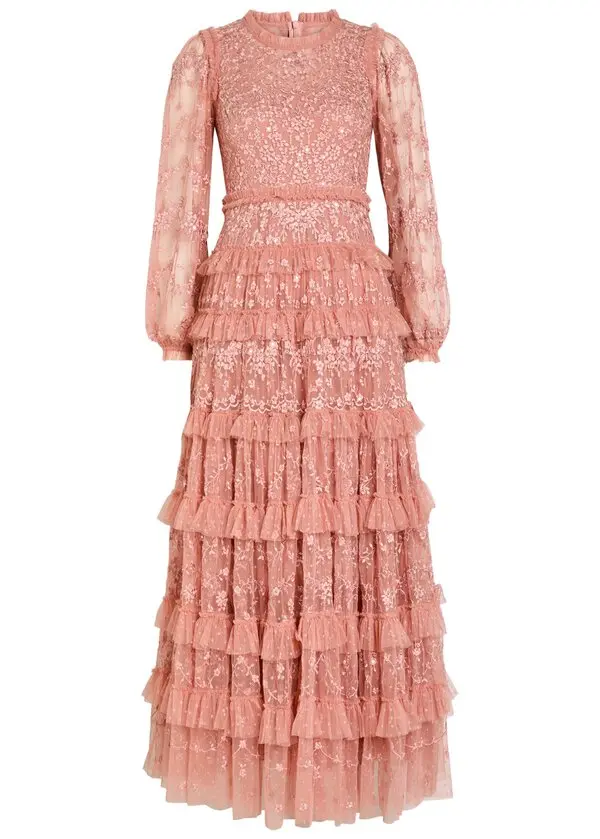 NEEDLE & THREAD Floral-embroidered Tulle Gown - Pink