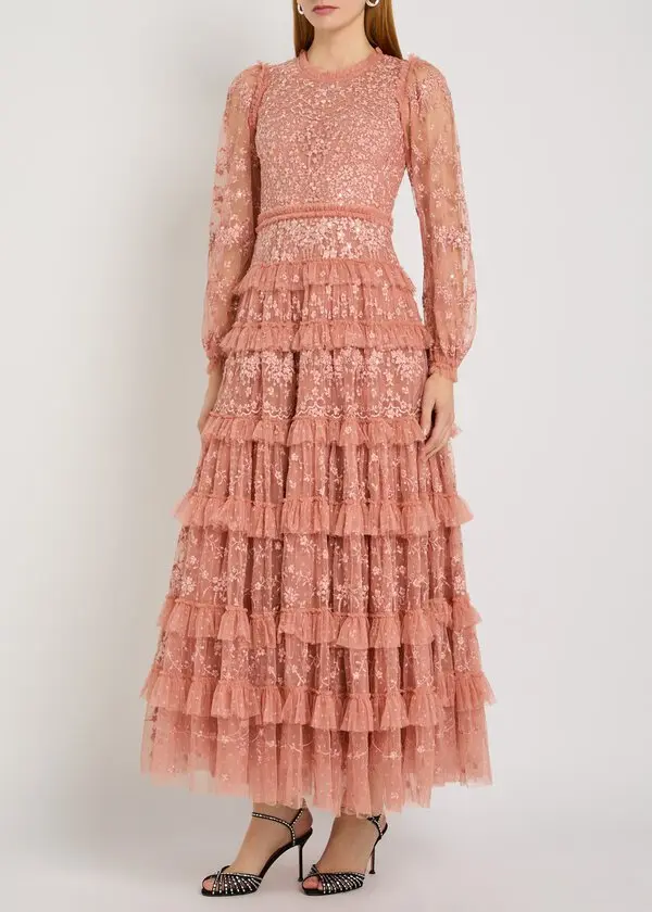 NEEDLE & THREAD Floral-embroidered Tulle Gown - Pink