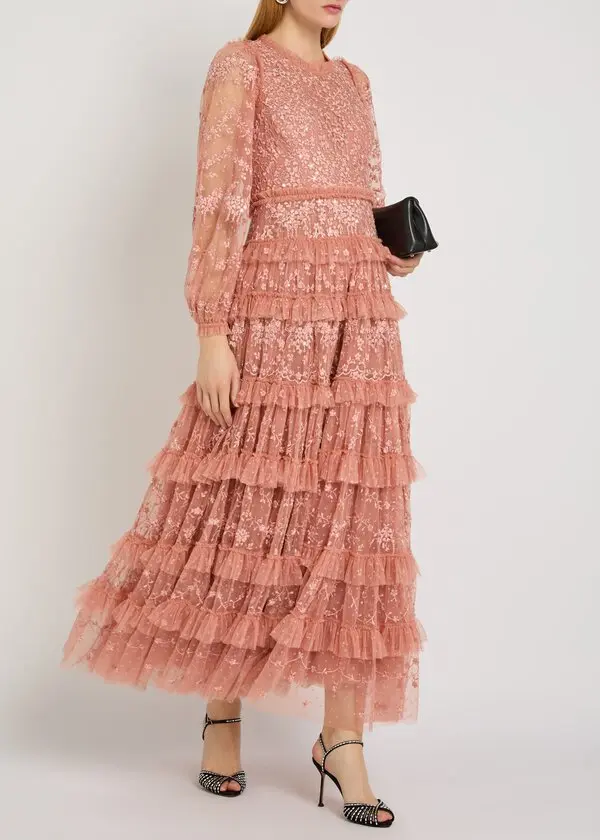 NEEDLE & THREAD Floral-embroidered Tulle Gown - Pink