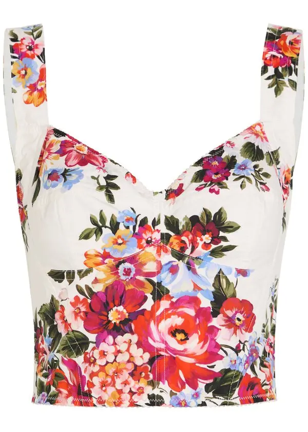 Dolce & Gabbana Floral-print Cotton-blend Bralette Top - White