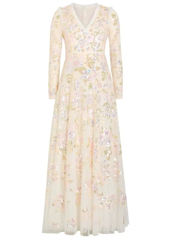NEEDLE & THREAD Floral-embellished Tulle Gown - White