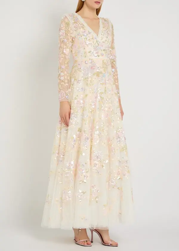 NEEDLE & THREAD Floral-embellished Tulle Gown - White
