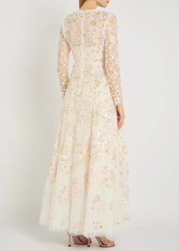 NEEDLE & THREAD Floral-embellished Tulle Gown - White