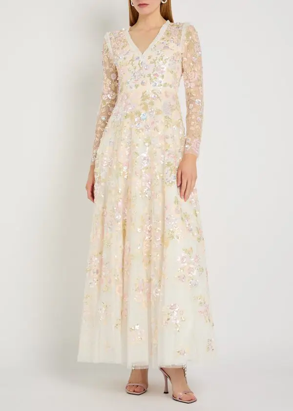 NEEDLE & THREAD Floral-embellished Tulle Gown - White