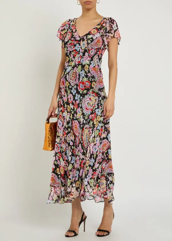 Rixo Bexley Metallic Floral Chiffon Maxi Dress - Multicoloured