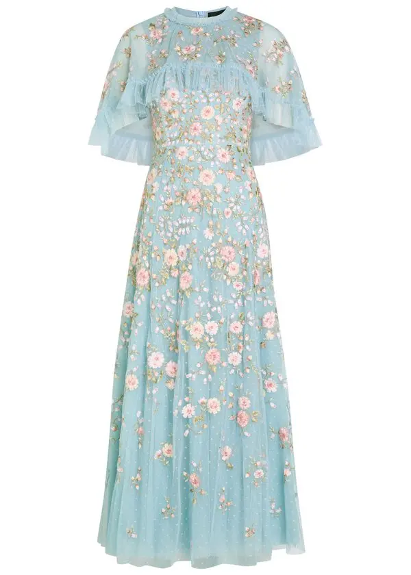 NEEDLE & THREAD Embroidered Cape-effect Tulle Gown