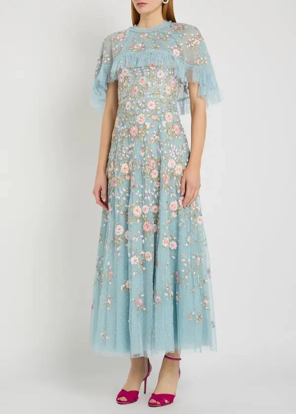 NEEDLE & THREAD Embroidered Cape-effect Tulle Gown