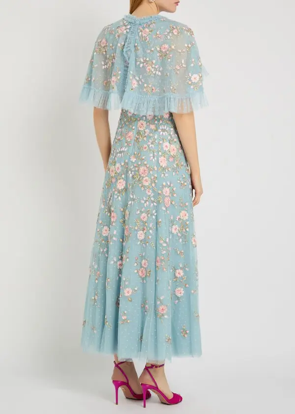 NEEDLE & THREAD Embroidered Cape-effect Tulle Gown