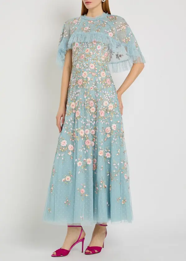 NEEDLE & THREAD Embroidered Cape-effect Tulle Gown