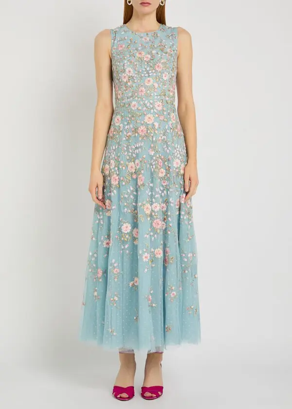 NEEDLE & THREAD Embroidered Cape-effect Tulle Gown