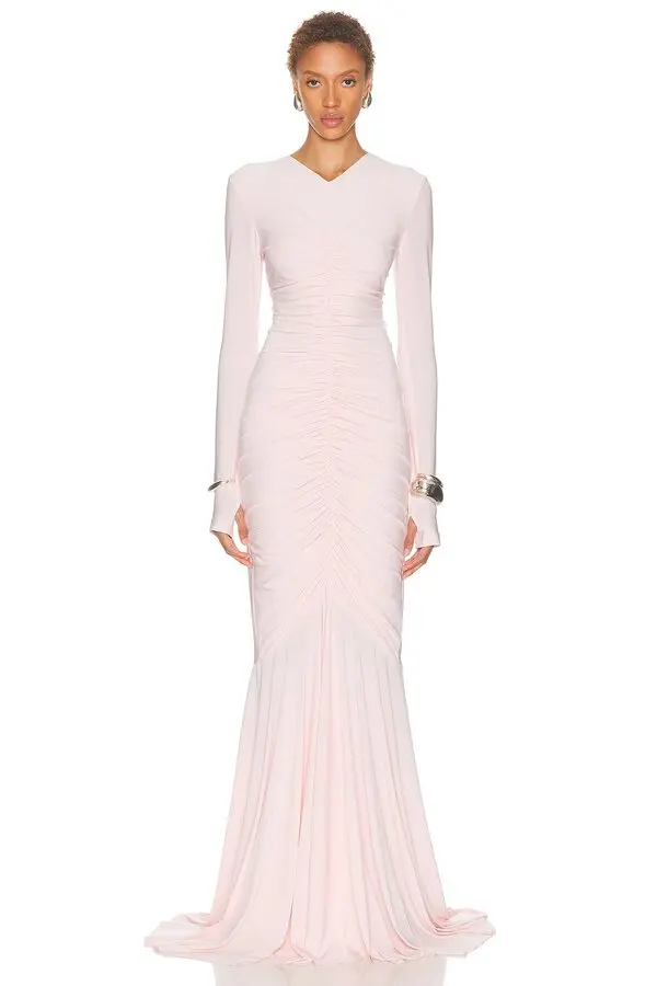Norma Kamali Long Sleeve V-neck Fishtail Gown With Shirred Front - Ballet Pink