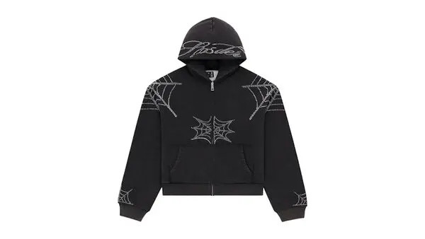 SP5DER Rhinestone Web Zip Hoodie - Black