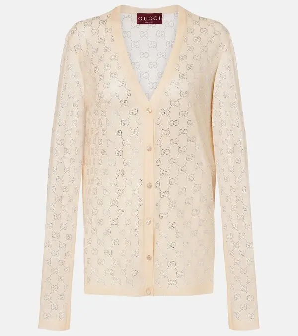 Gucci Gg Embellished Silk Cardigan - Beige