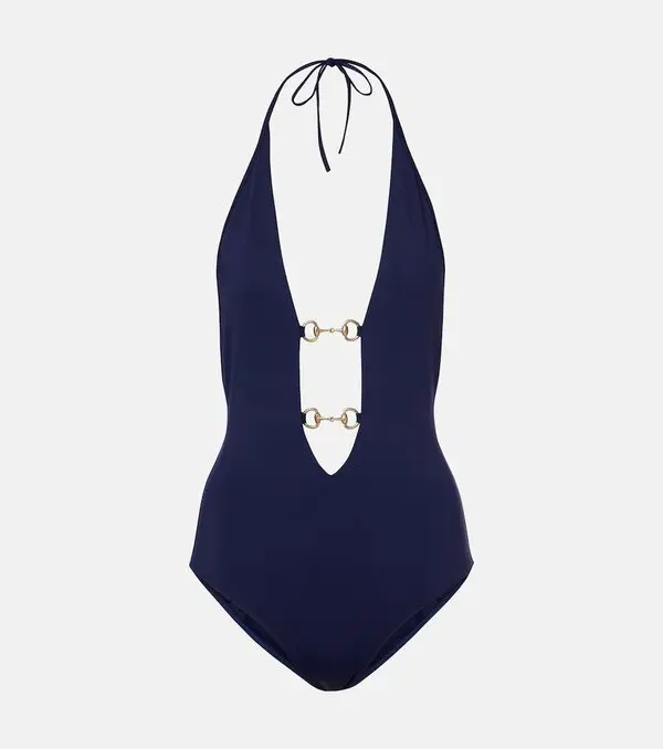 Gucci Horsebit Halterneck One Piece Swimsuit - Blue