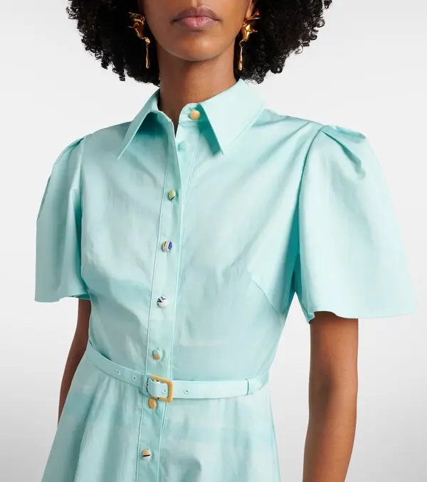 LEO LIN Printed Belted Cotton Shirt Dress - Blue