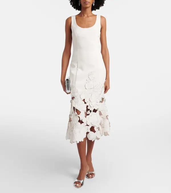 LEO LIN Floral-appliqué Midi Dress - Beige