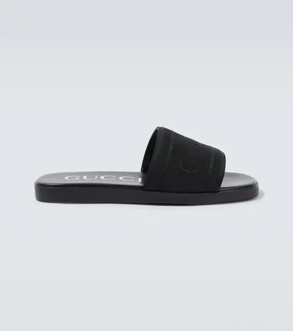 Gucci Logo Canvas And Leather Slides - Black