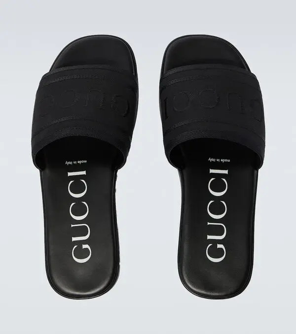 Gucci Logo Canvas And Leather Slides - Black