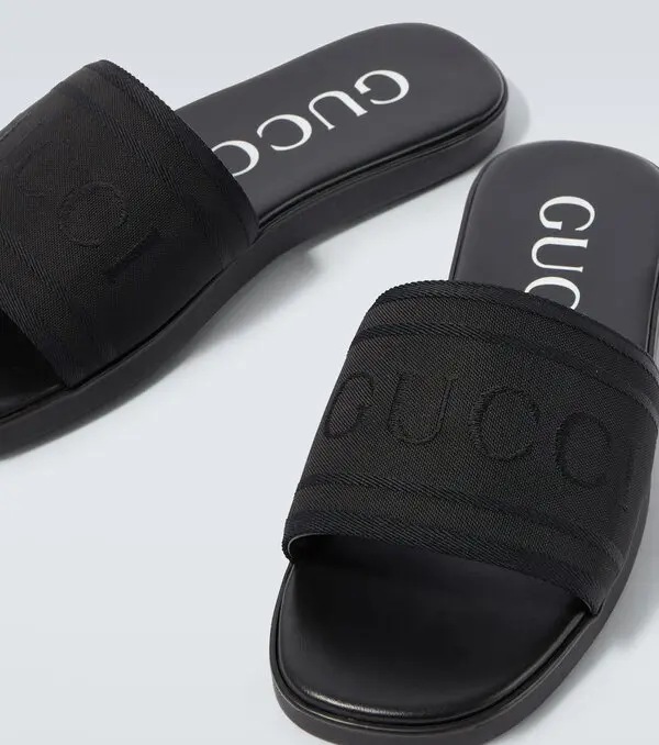 Gucci Logo Canvas And Leather Slides - Black