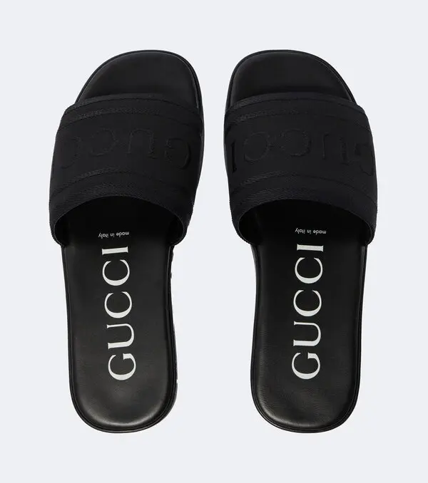 Gucci Logo Canvas And Leather Slides - Black