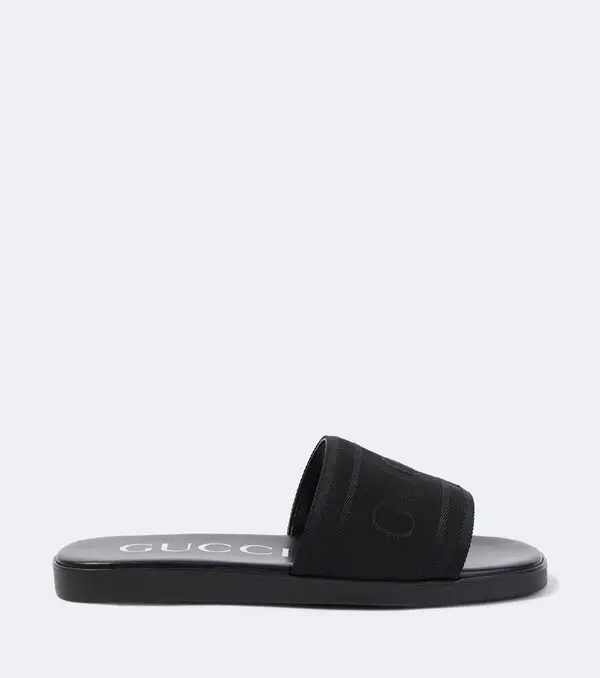 Gucci Logo Canvas And Leather Slides - Black