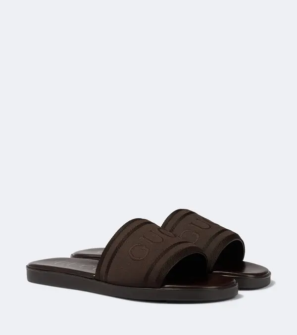 Gucci Logo Canvas And Leather Slides - Brown