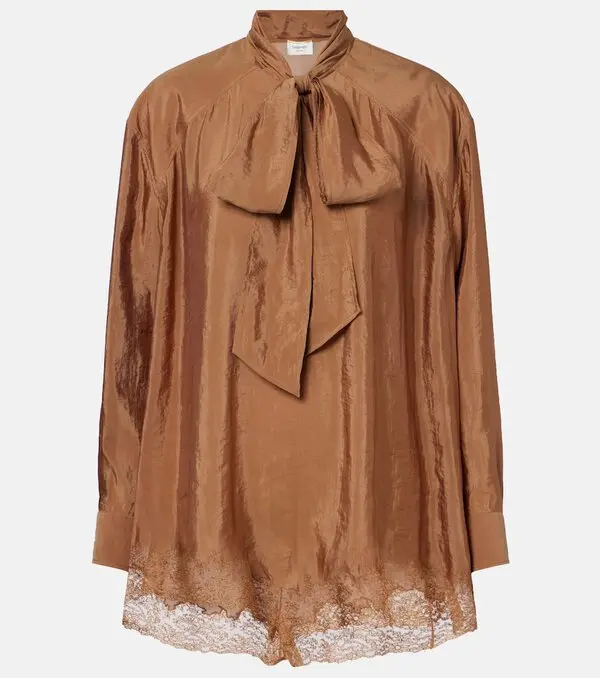 Saint Laurent Lace-trimmed Tie-neck Romper - Brown