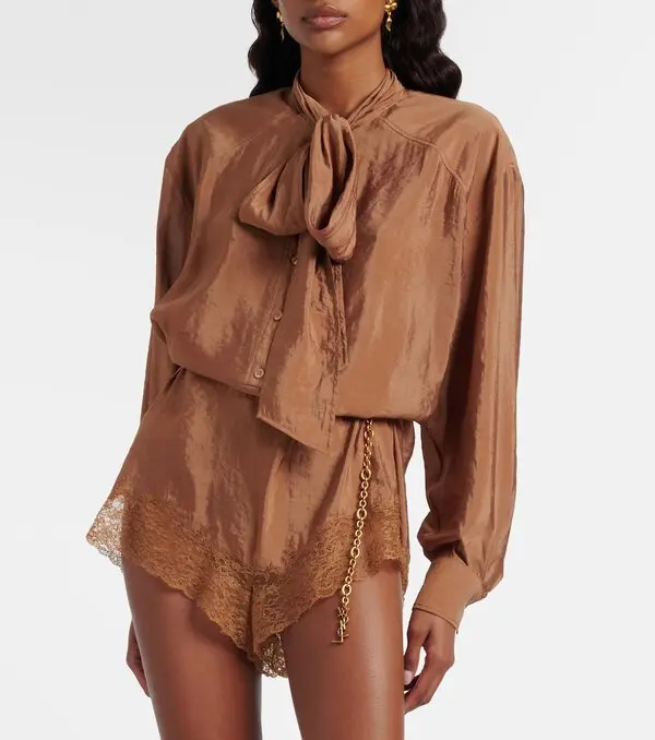 Saint Laurent Lace-trimmed Tie-neck Romper