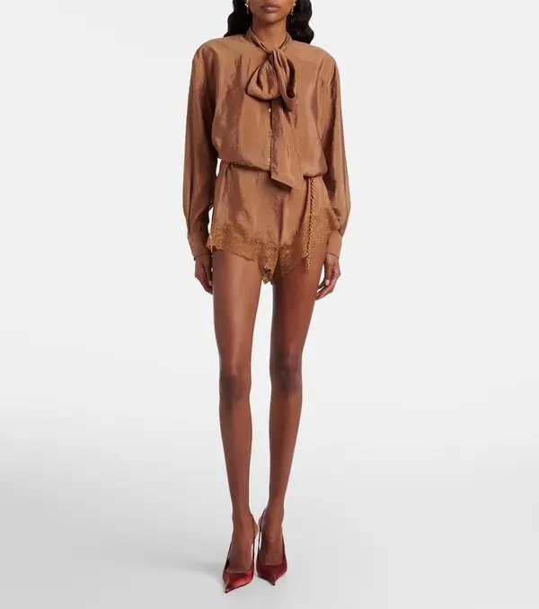 Saint Laurent Lace-trimmed Tie-neck Romper