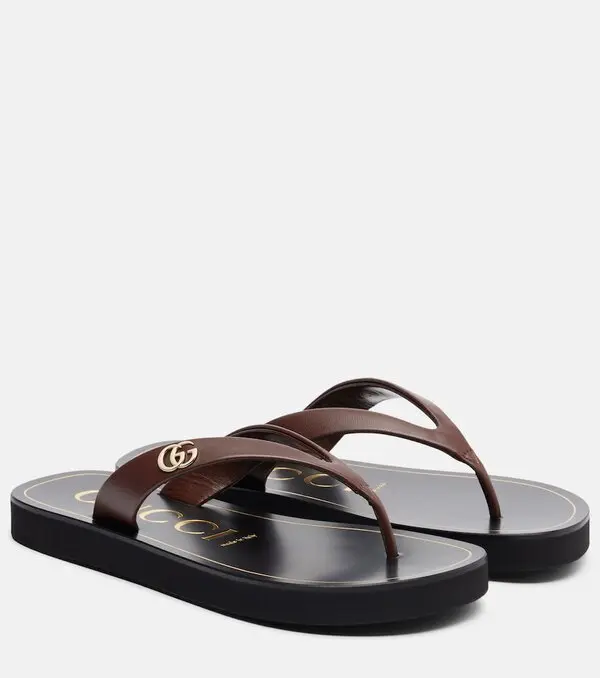 Gucci Double G Leather Thong Sandals - Brown