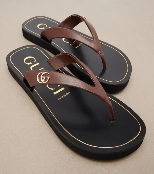 Gucci Double G Leather Thong Sandals - Brown