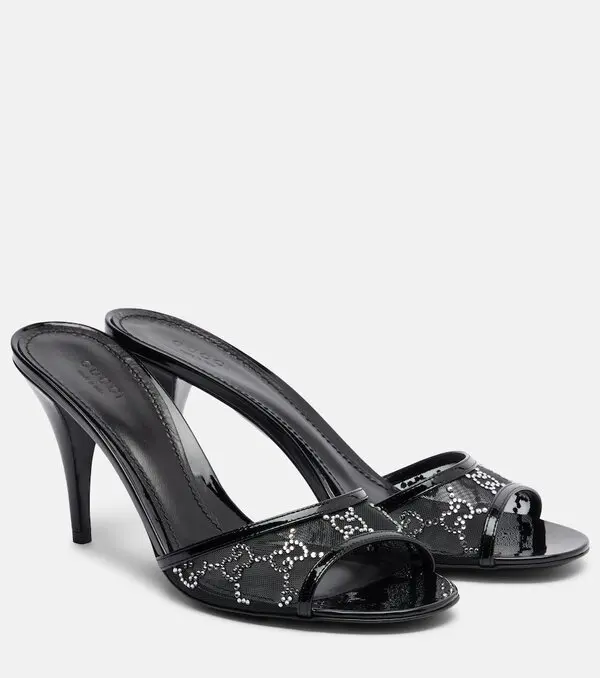 Gucci Erin Gg Embellished Leather-trimmed Mules - Black
