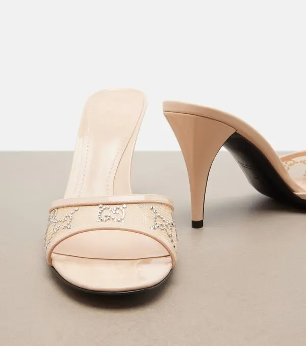 Gucci Erin Gg Embellished Leather-trimmed Mules - Pink