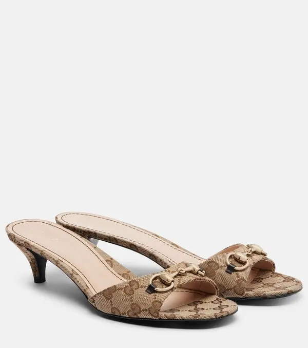 Gucci Horsebit Gg Canvas Mules - Brown