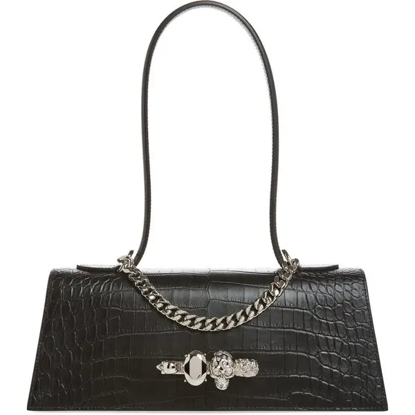 Alexander McQueen Jewelled Croc Embossed Top Handle Bag - Black/silver