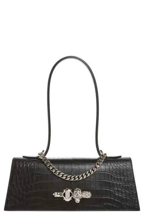 Alexander McQueen Jewelled Croc Embossed Top Handle Bag - Black/silver