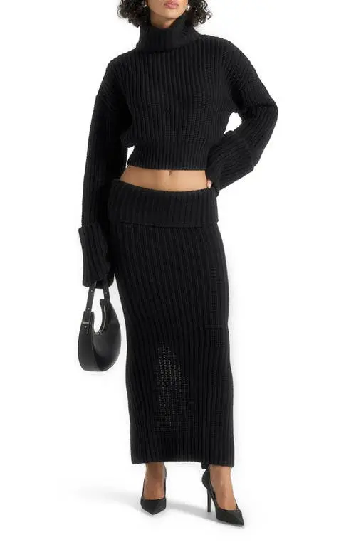 Manière De Voir Lyra Knit Maxi Skirt With Foldover - Black