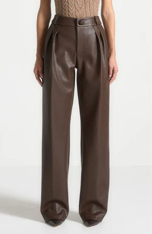 Manière De Voir Pebbled Vegan Leather Pleated Stacked Trousers - Brown