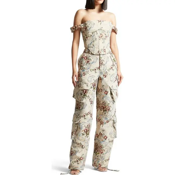 Manière De Voir Floral Jacquard Bardot Corset Top - Beige