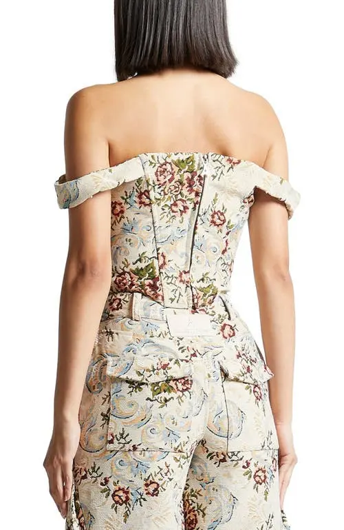Manière De Voir Floral Jacquard Bardot Corset Top - Beige
